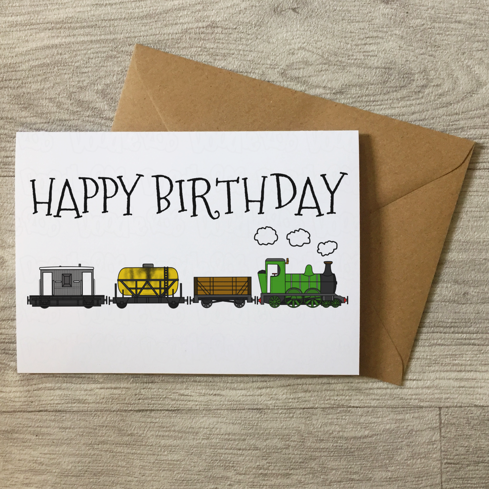 Train Birthday Card - Steam Locomotive With Wagons - Railway Enthusias ...
